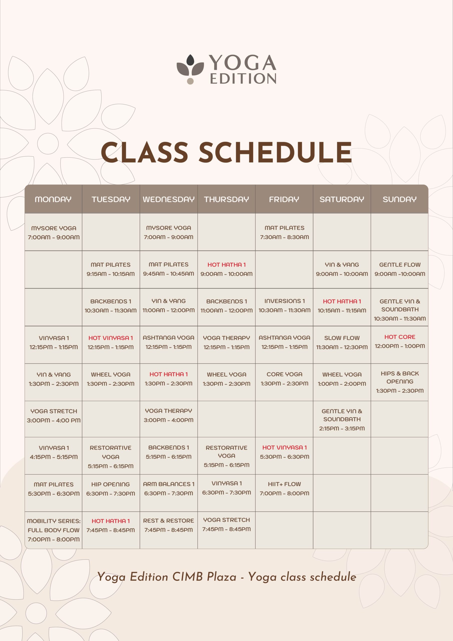Class Schedule - Yoga Edition Singapore